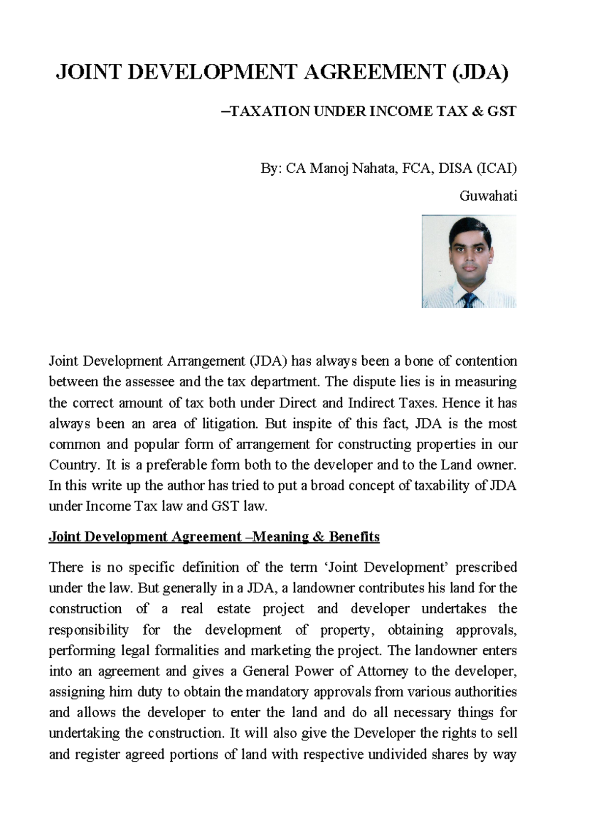 Taxability OF Joint Development Agreement IT GST - JOINT DEVELOPMENT ...