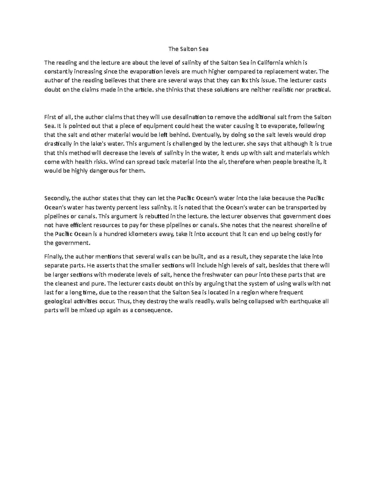 The Salton Sea - toefl writing - The Salton Sea The reading and the ...