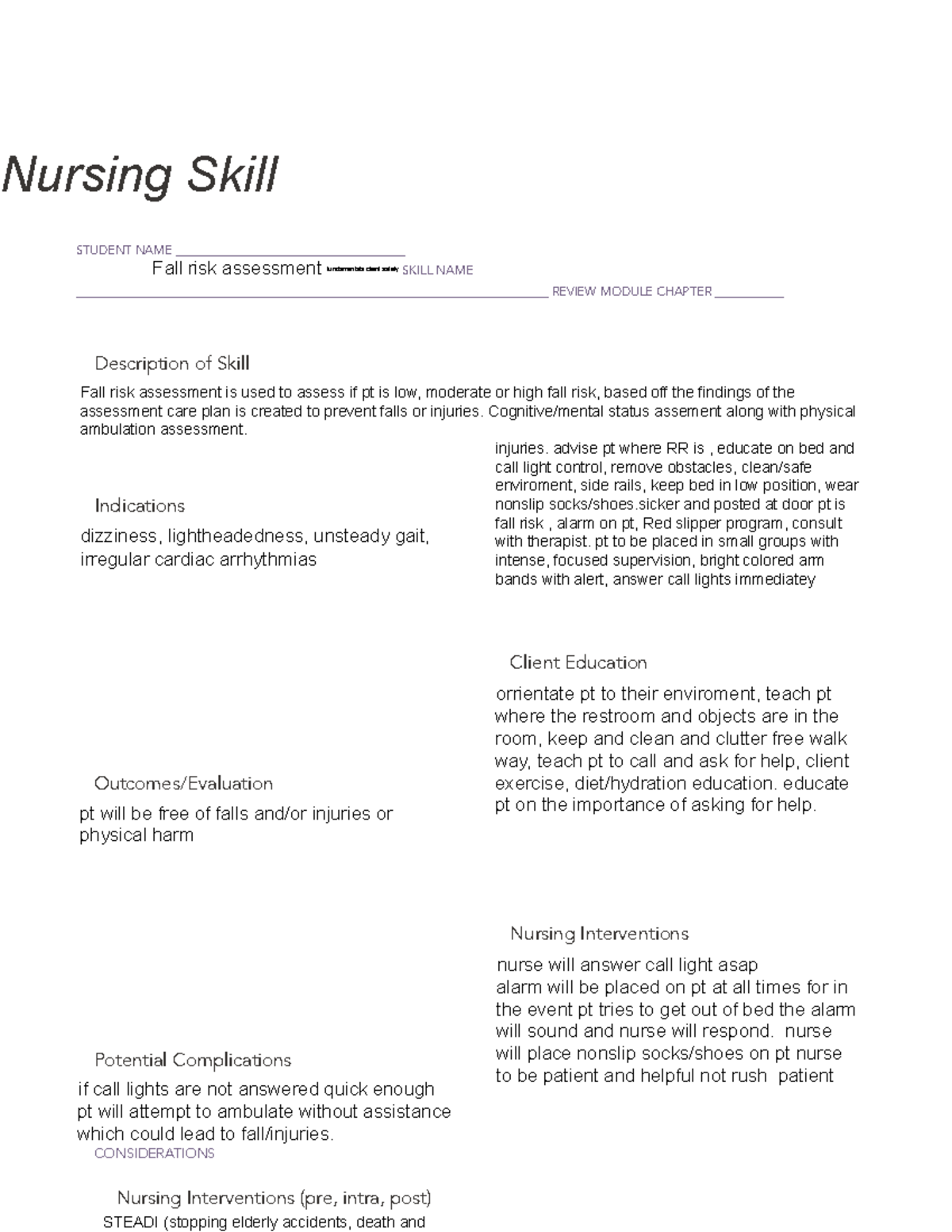 Fall-risk-assessment-ati-notes - Nursing Skill STUDENT NAME