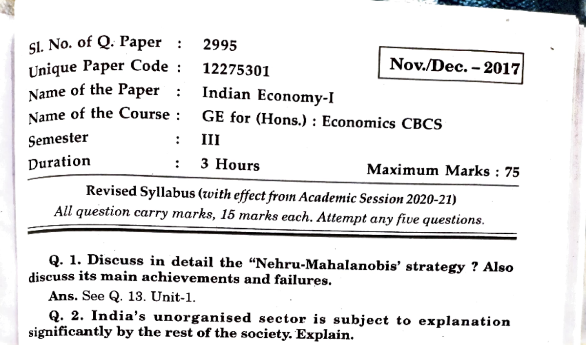 Ge Eco PYQs - Indian economy 1 PYQs - ####### Sl. No. of Q. Paper 2995 ...