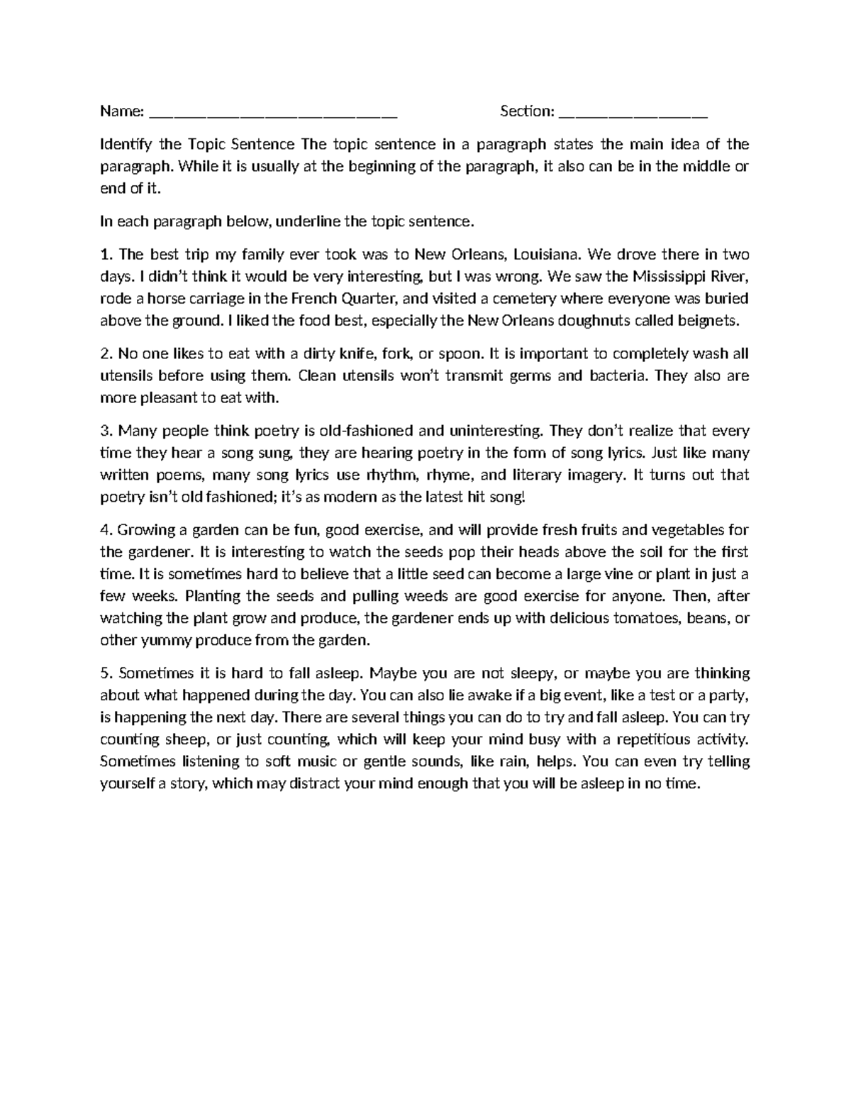 Topic sentence worksheet - Name: ______________________________ Section