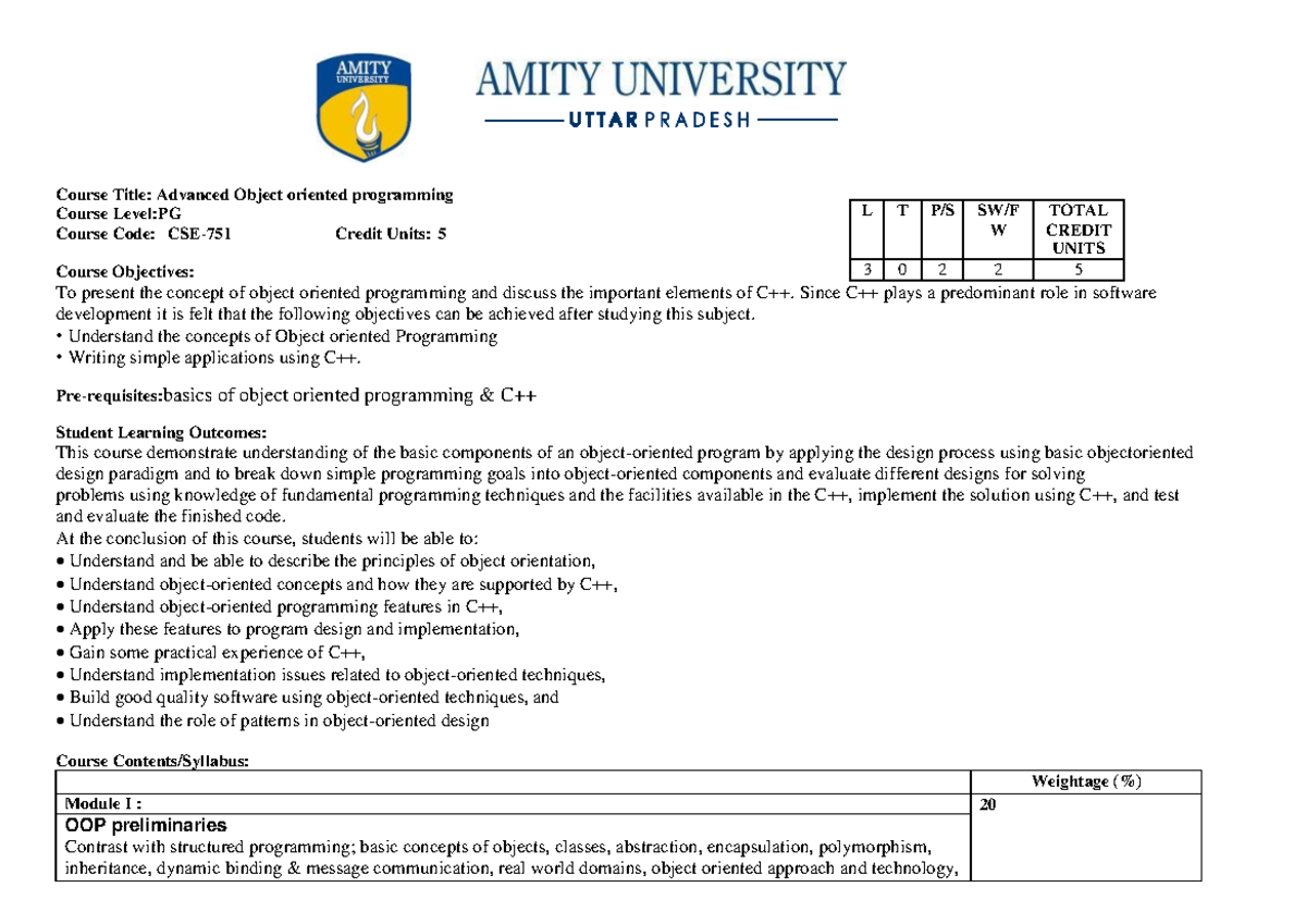 Advanced Object Oriented Programming Course Title Advanced Object Oriented Programming Course