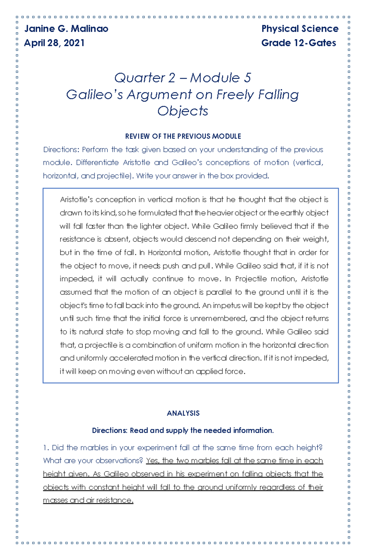 Physical Science Q2 M5 - Quarter 2 – Module 5 Galileo’s Argument on ...