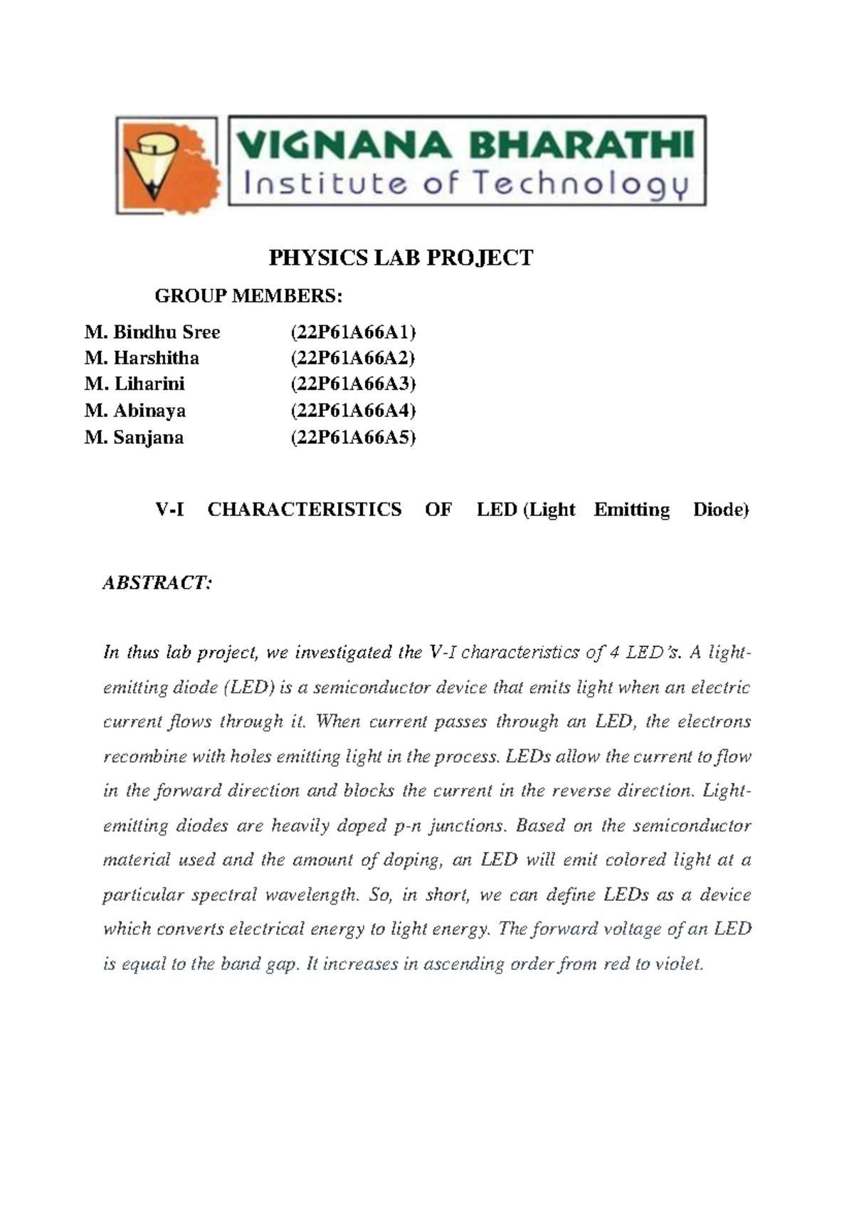 Sample Lab Project - PHYSICS LAB PROJECT GROUP MEMBERS: M. Bindhu Sree ...