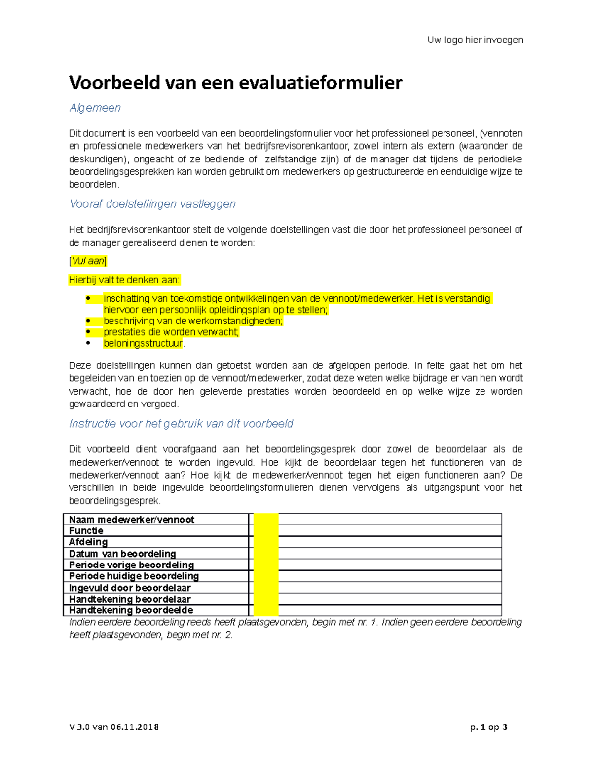 Voorbeeld-evaluatieformulier - Uw logo hier invoegen Voorbeeld van een ...