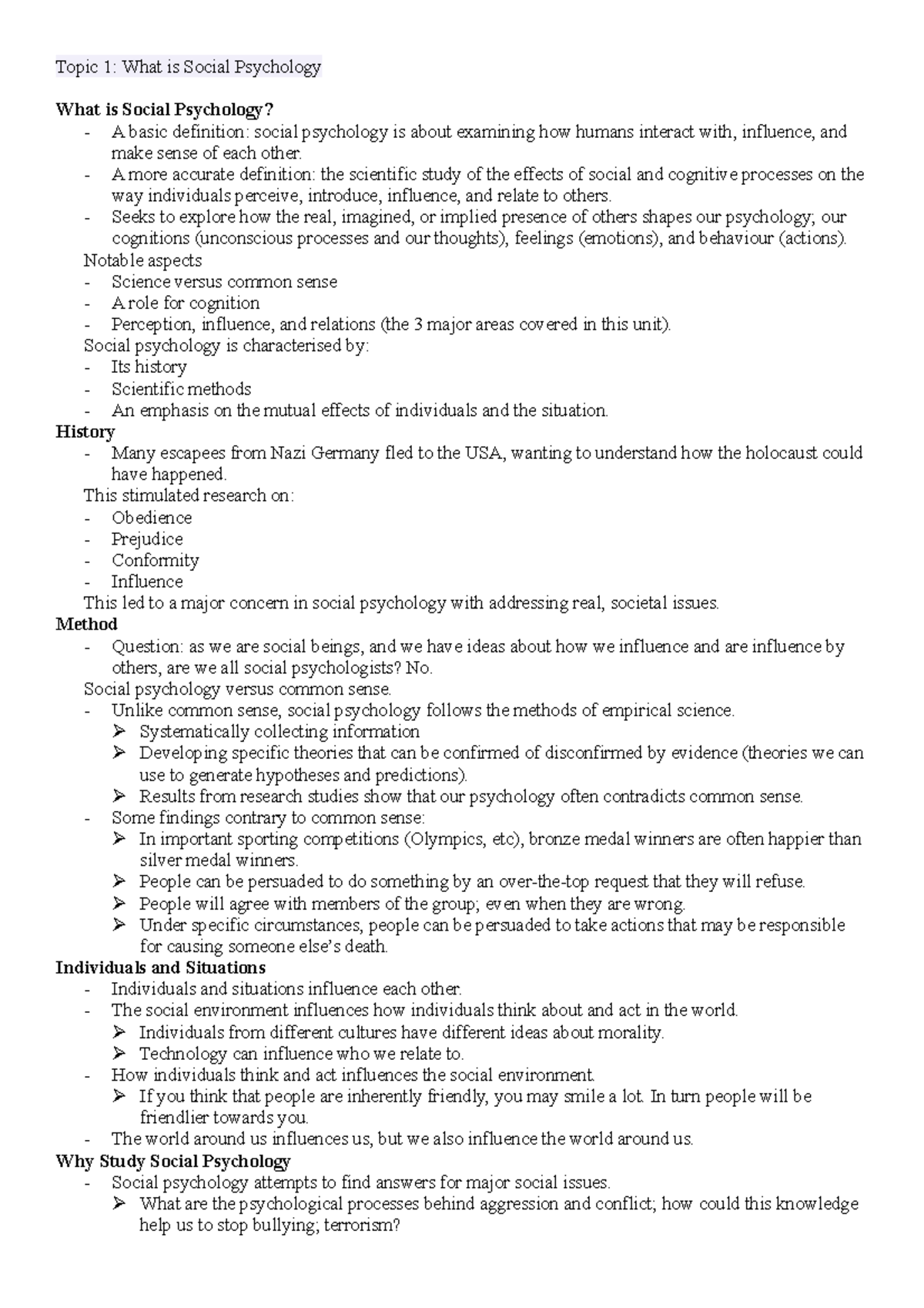 Lecture Notes - Wk1 - Topic 1: What is Social Psychology What is Social ...