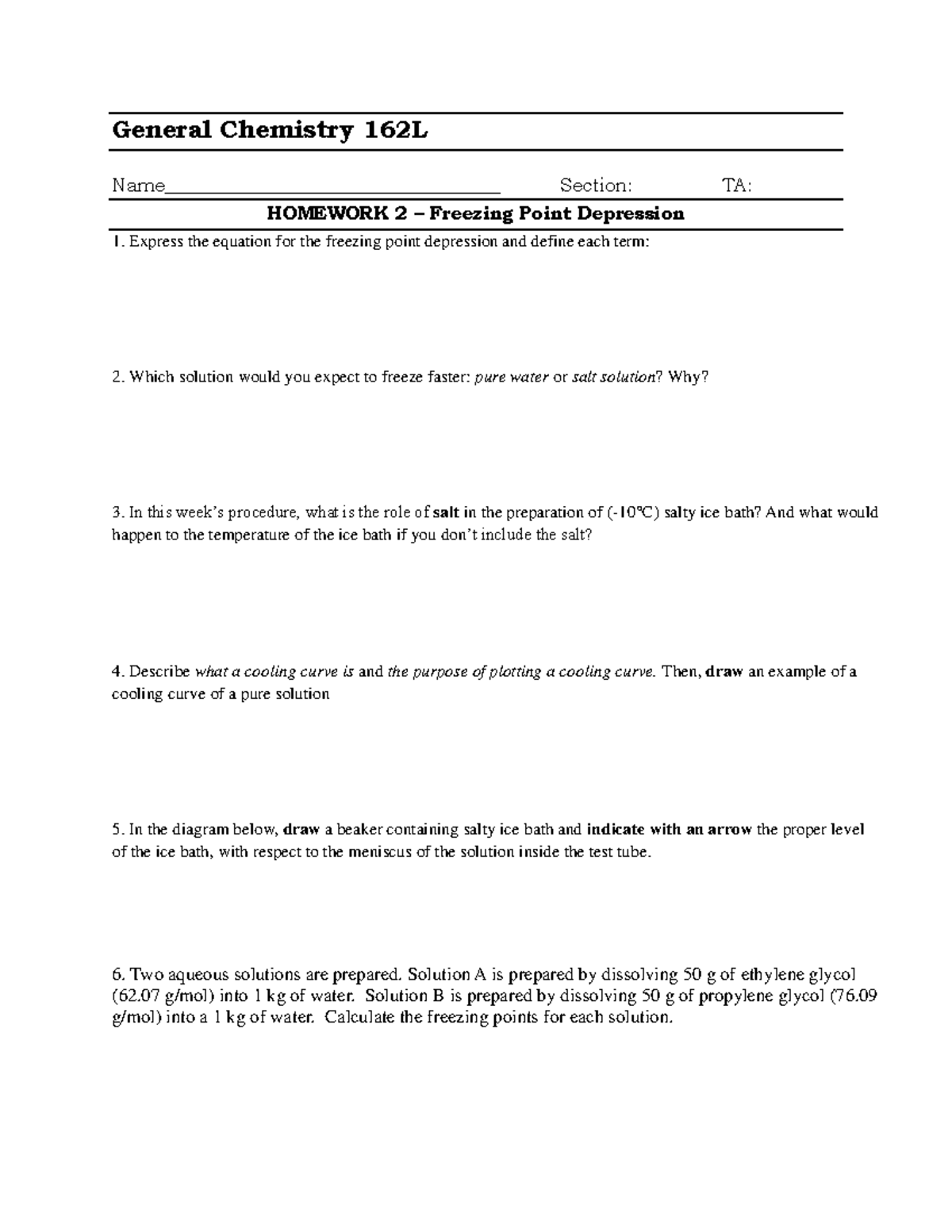 HW-2 FPt depression - homework - General Chemistry 162L Name