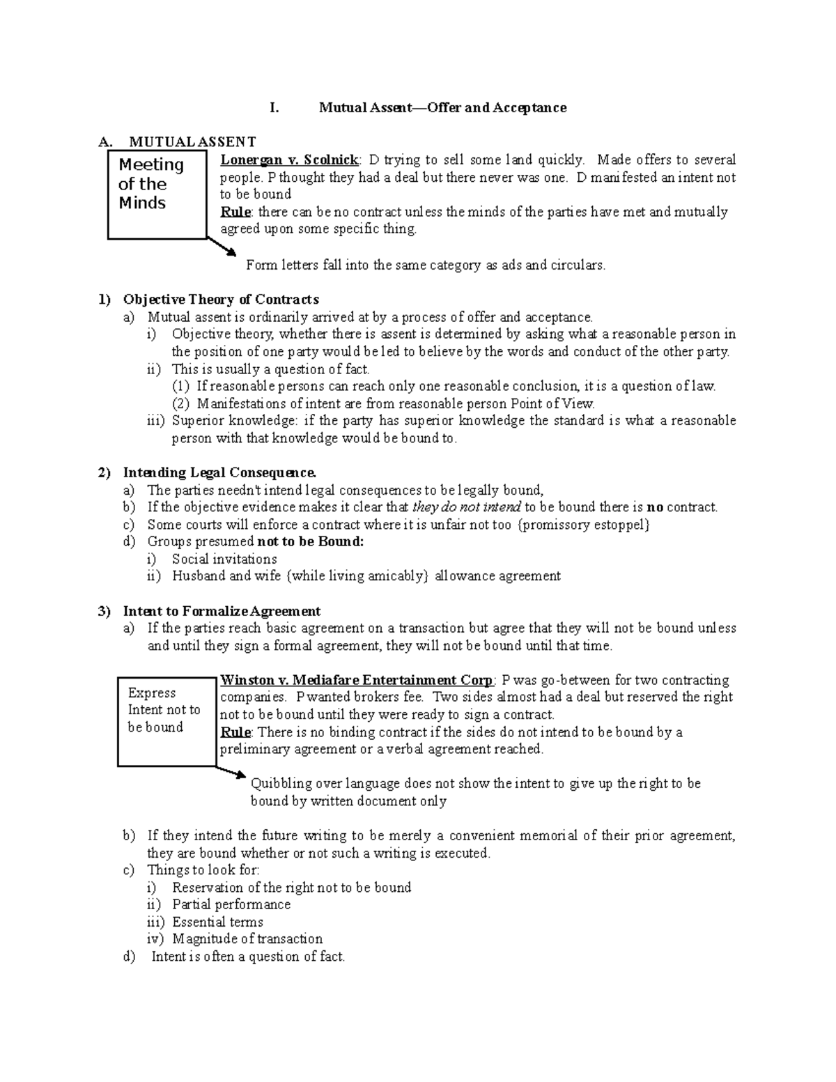 Contracts Law Outline - 1 - I. Mutual Assent—Offer and Acceptance A ...
