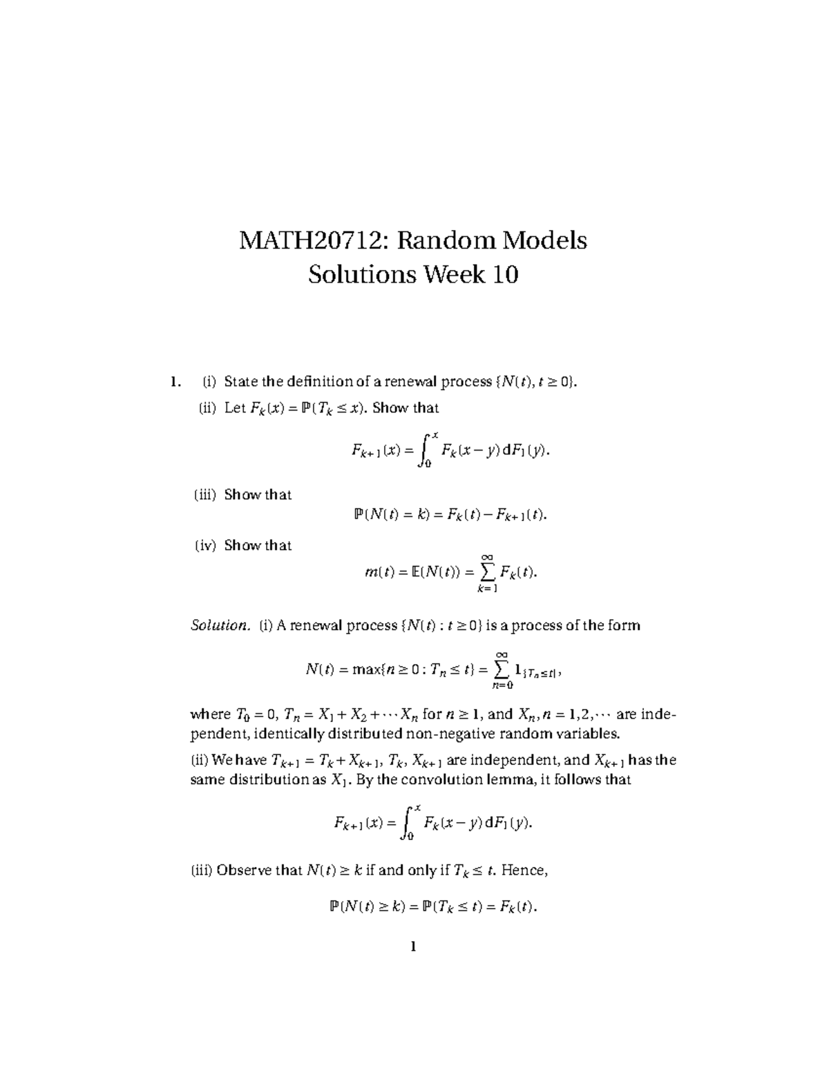 Solutions week 10 - Solution - MATH20712: Random Models Solutions Week ...