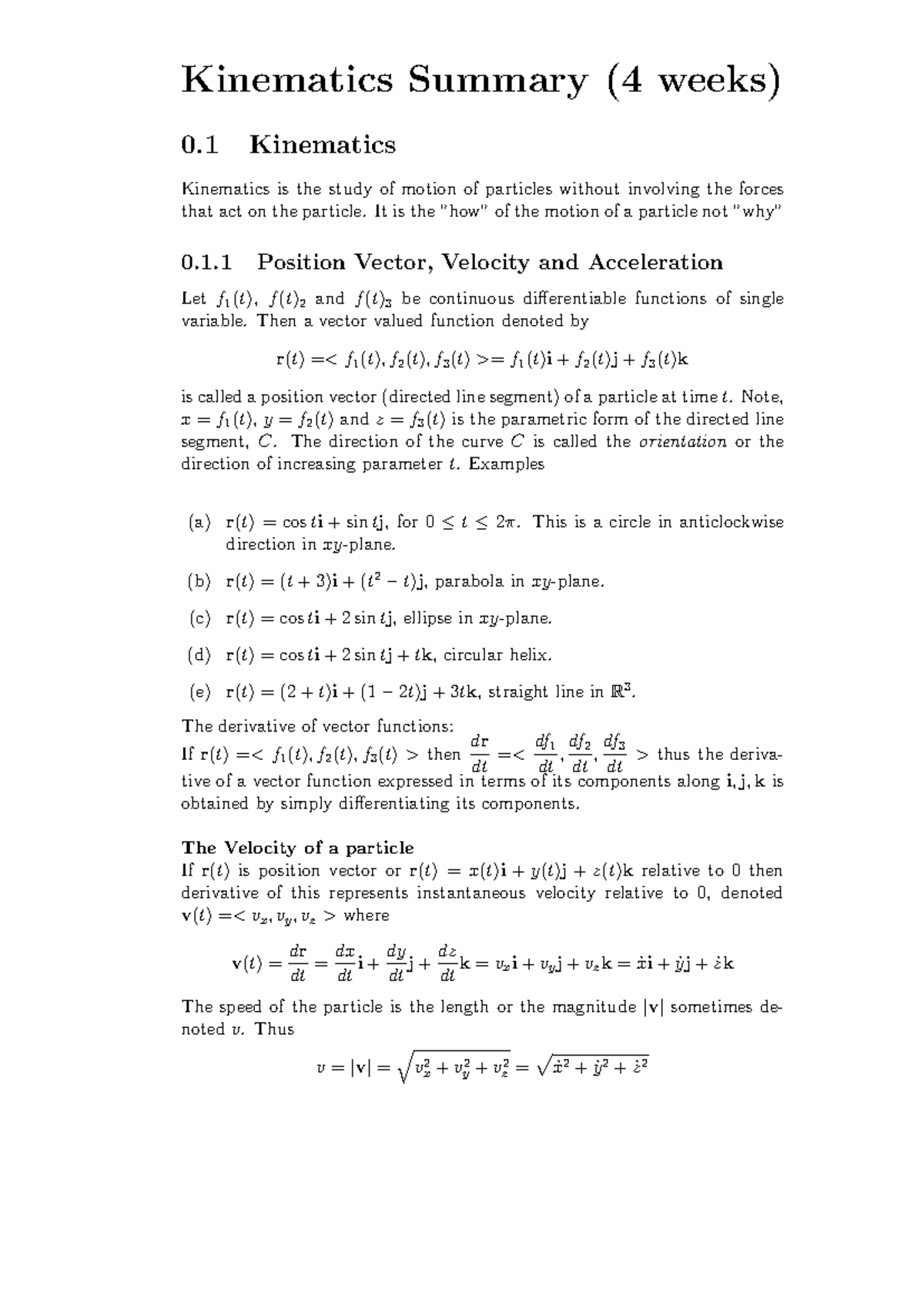 Kinematics - Summary Geometrical Optics and Mechanics - Kinematics ...