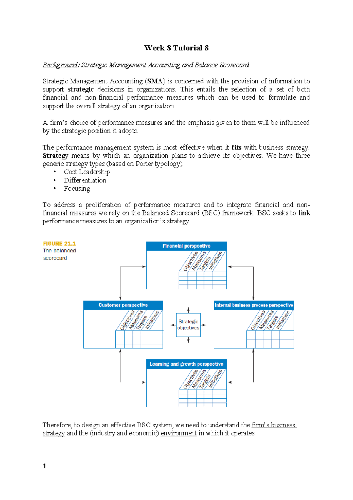 Tutorial 8 Solutions - Week 8 Tutorial 8 Background: Strategic Management Accounting and Balance ...