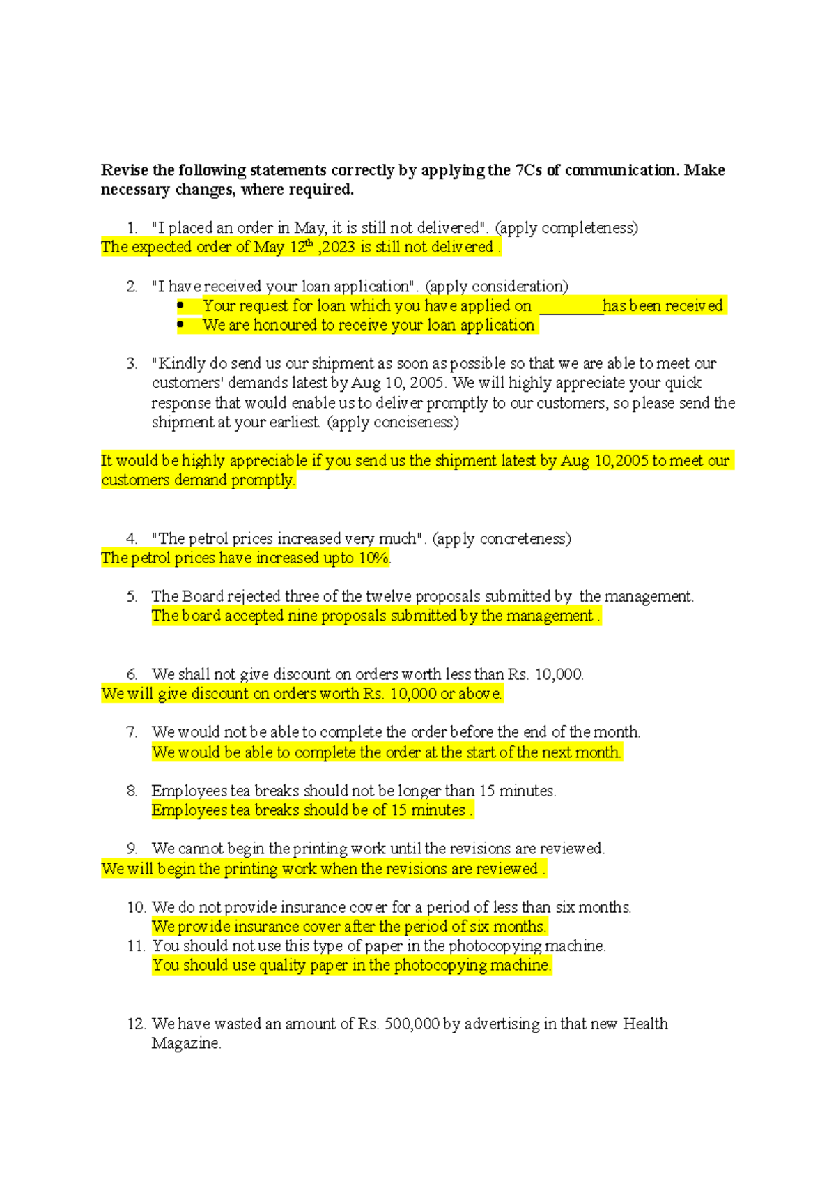 7Cs exercses sentences - Revise the following statements correctly by ...