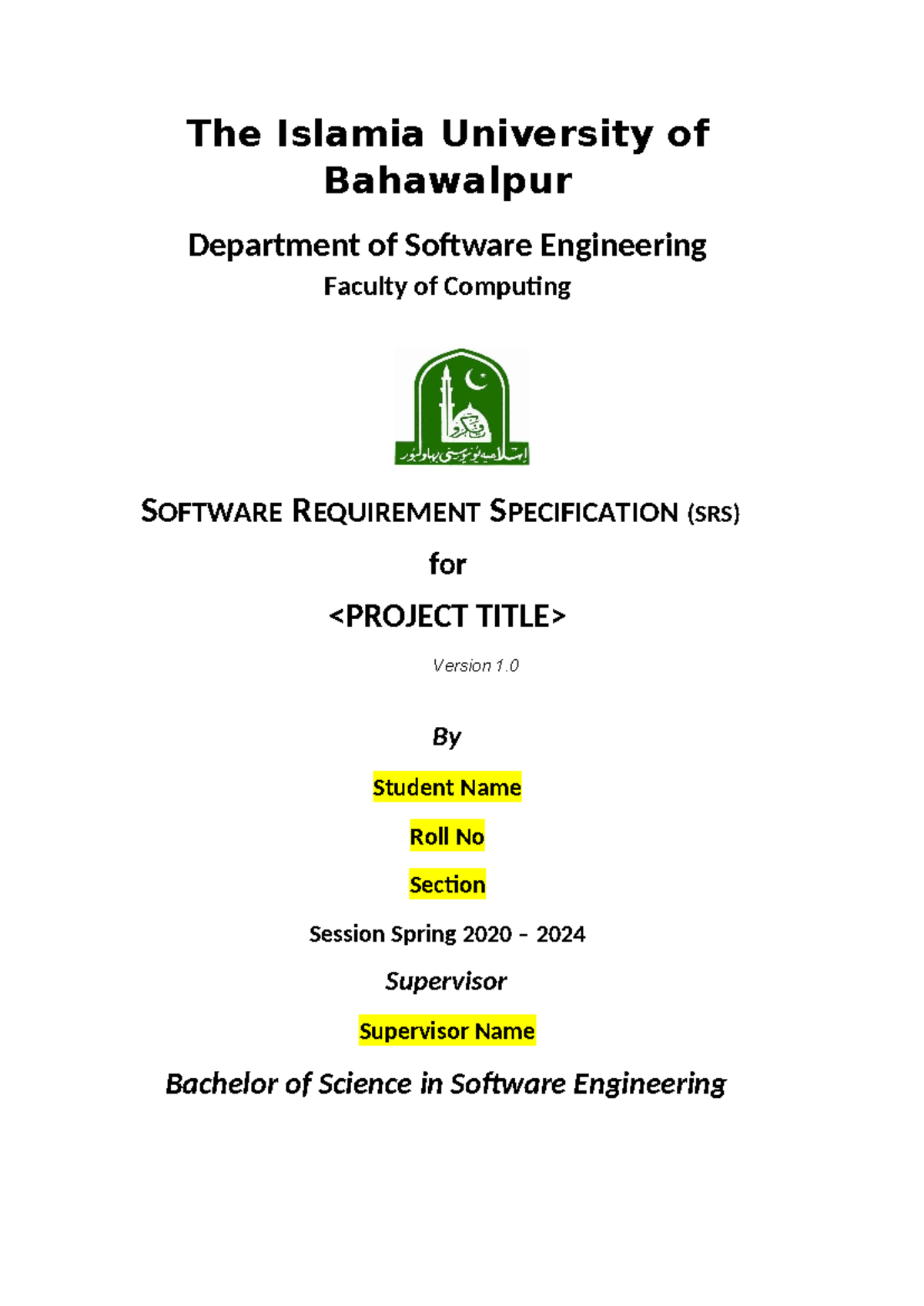 software requirement engineering document template - The Islamia University of Bahawalpur ...