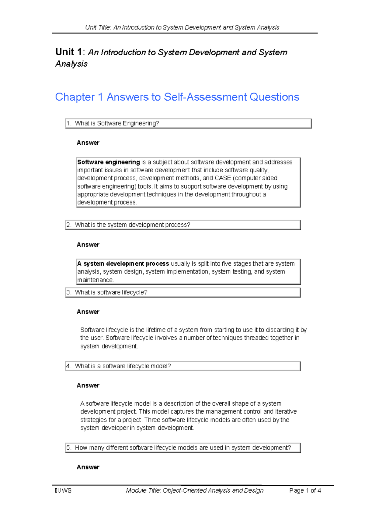 Answers to Unit1 Self-Assessment Questions - Unit 1: An Introduction to ...