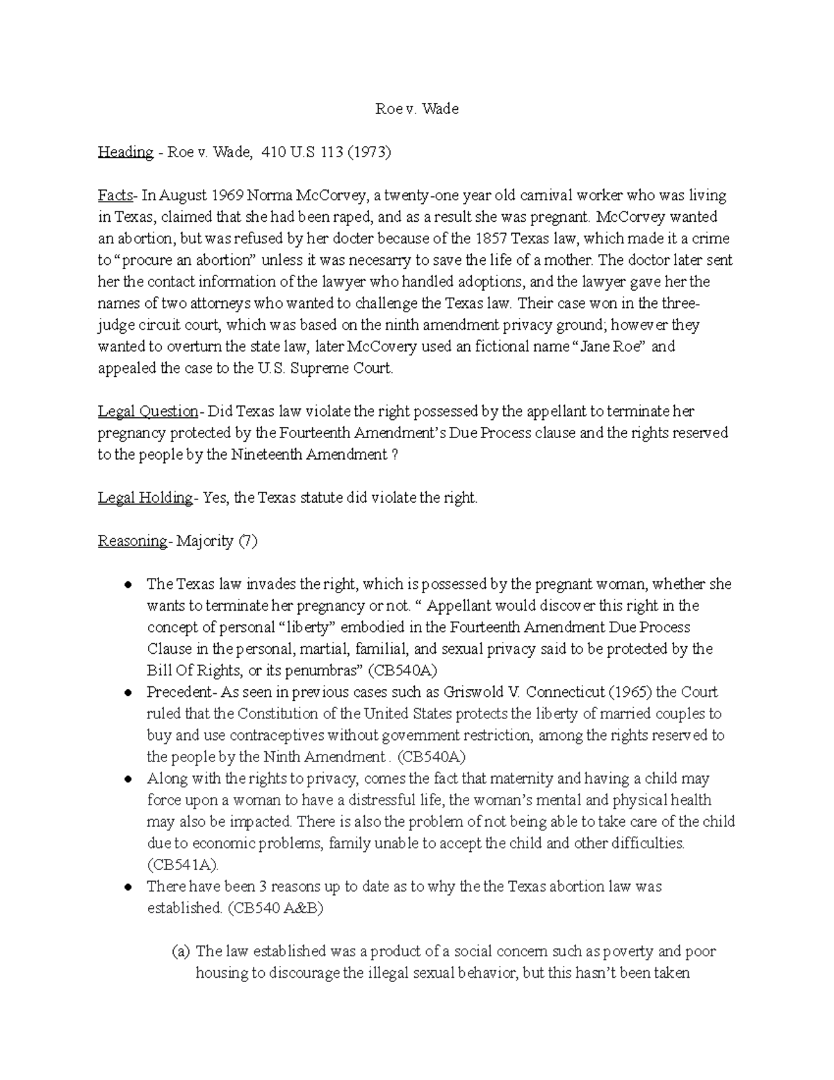 Roe v. Wade case brief-2 - Roe v. Wade Heading - Roe v. Wade, 410 U 113 ...