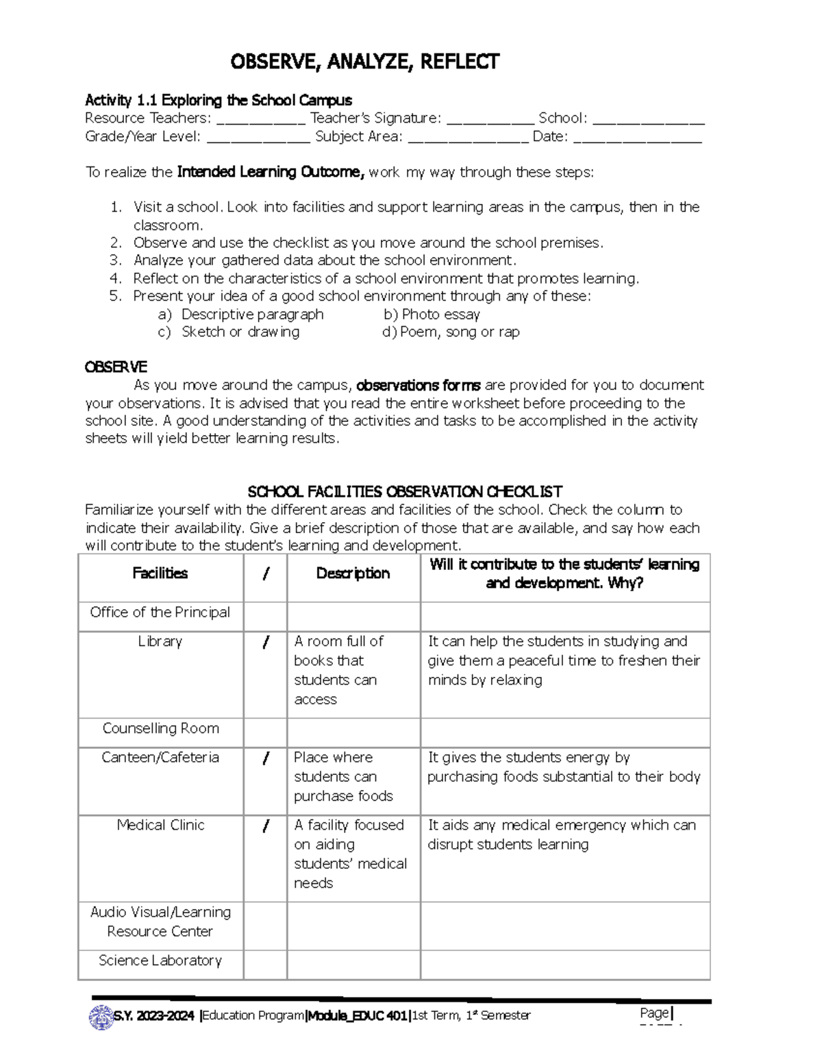 COUR-TED Term-Module EDUC401 - OBSERVE, ANALYZE, REFLECT Activity 1. 1 ...