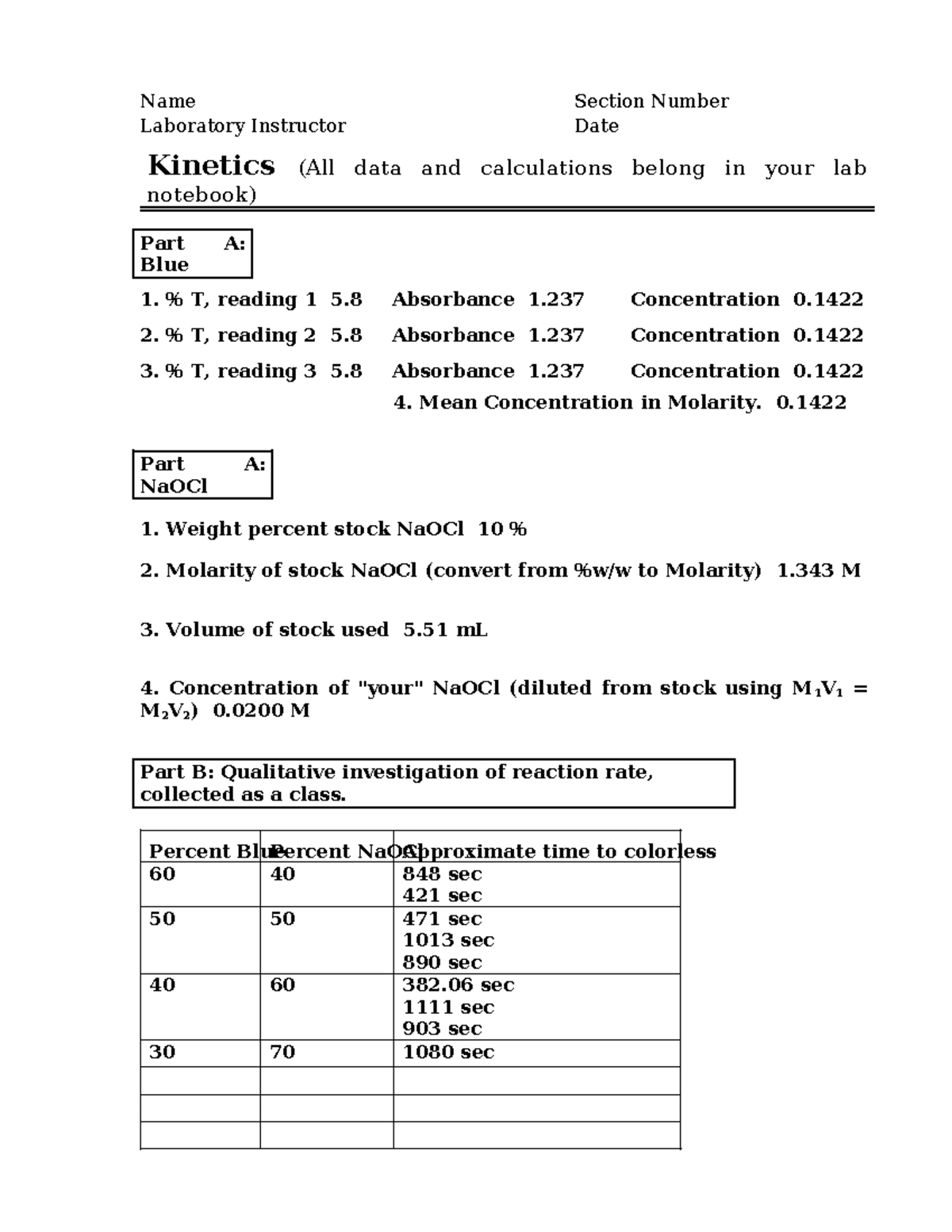 04 - Kinetics Lab - Name Section Number Laboratory Instructor Date ...