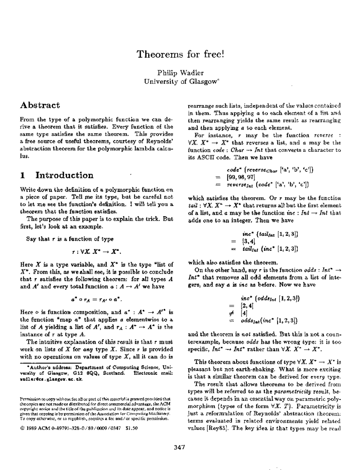 To also submit - Theorems for free! Philip Wadler University of Glasgow* Abstract From the type ...