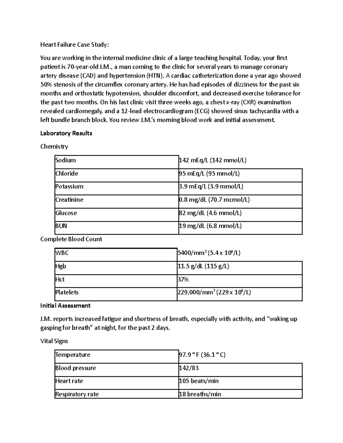 Heart Failure Case Study - Today, your first patient is 70-year-old J ...