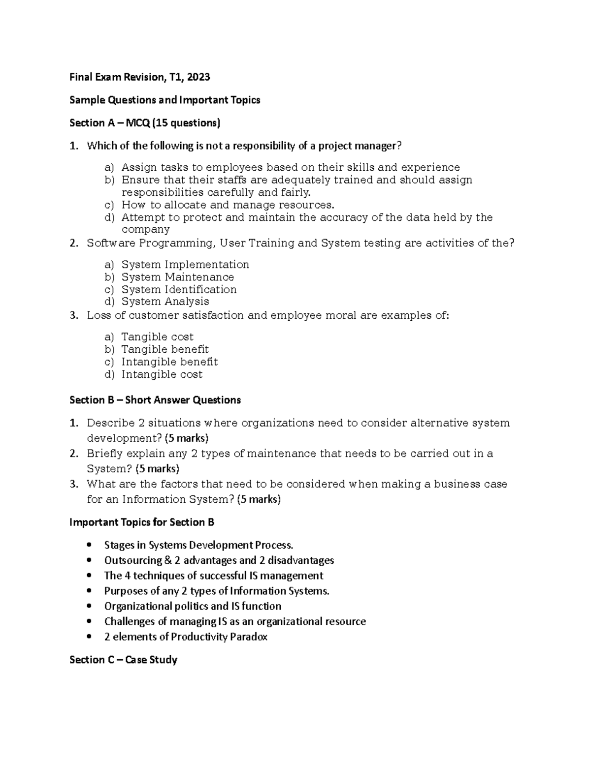 BIS101 - Final Exam Revision Term 1 2023 - Final Exam Revision, T1 ...