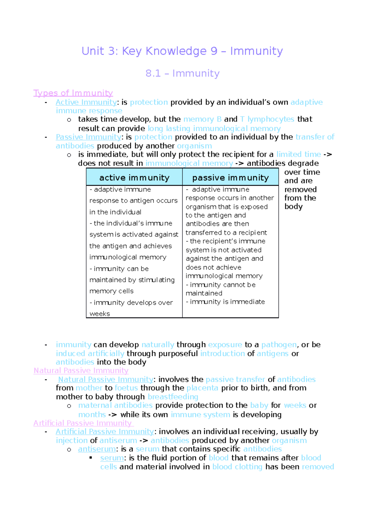 KK9 - Immunity - Unit 3: Key Knowledge 9 – Immunity 8 – Immunity Types ...