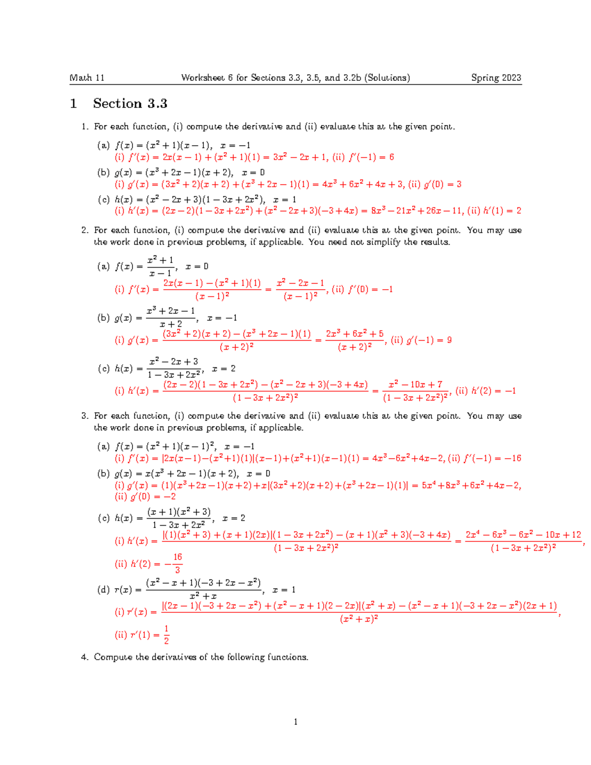 Math 11-Worksheet 06 Sol - 1 Section 3. For each function, (i) compute ...