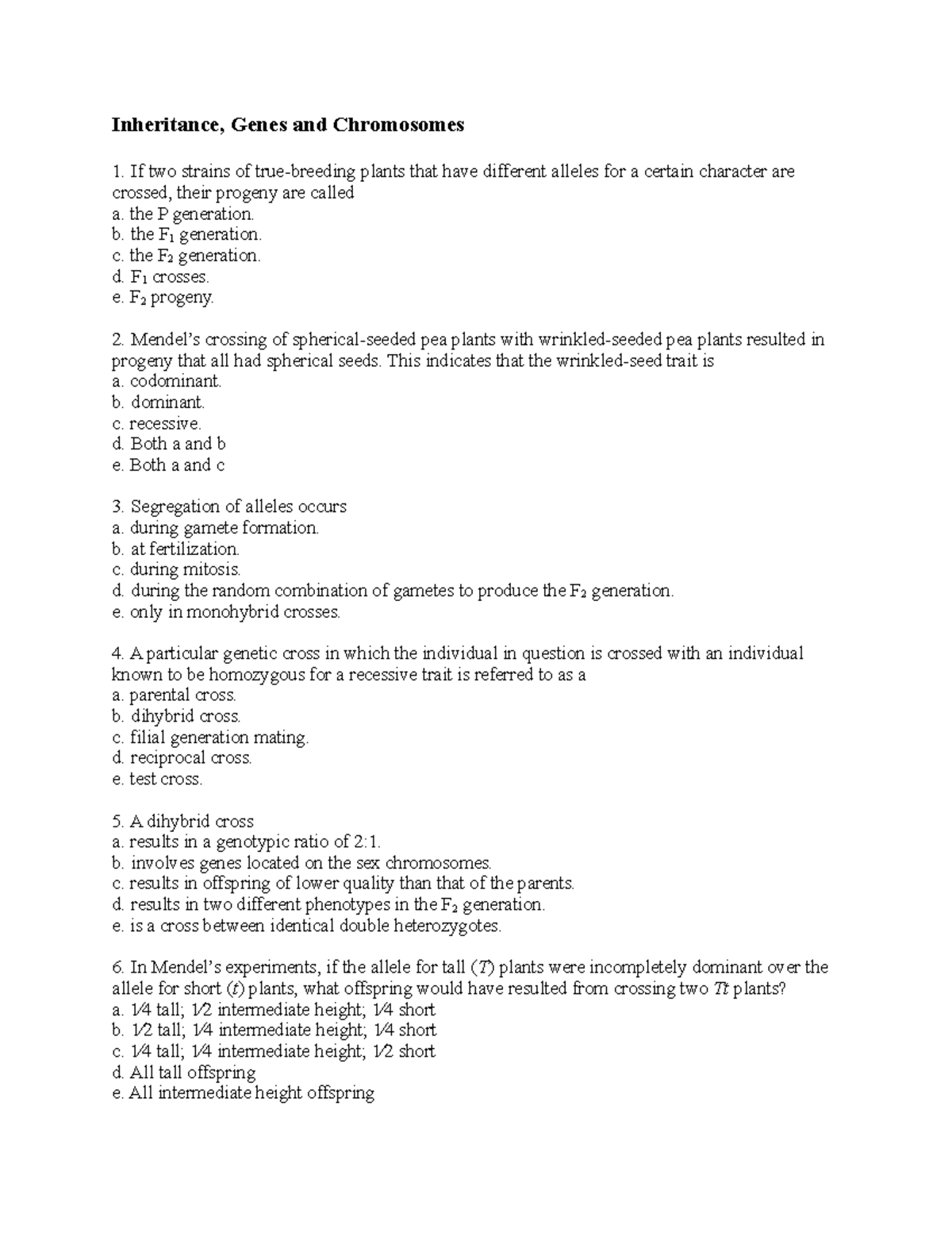 DW 10-genetics questions - Inheritance, Genes and Chromosomes If two ...