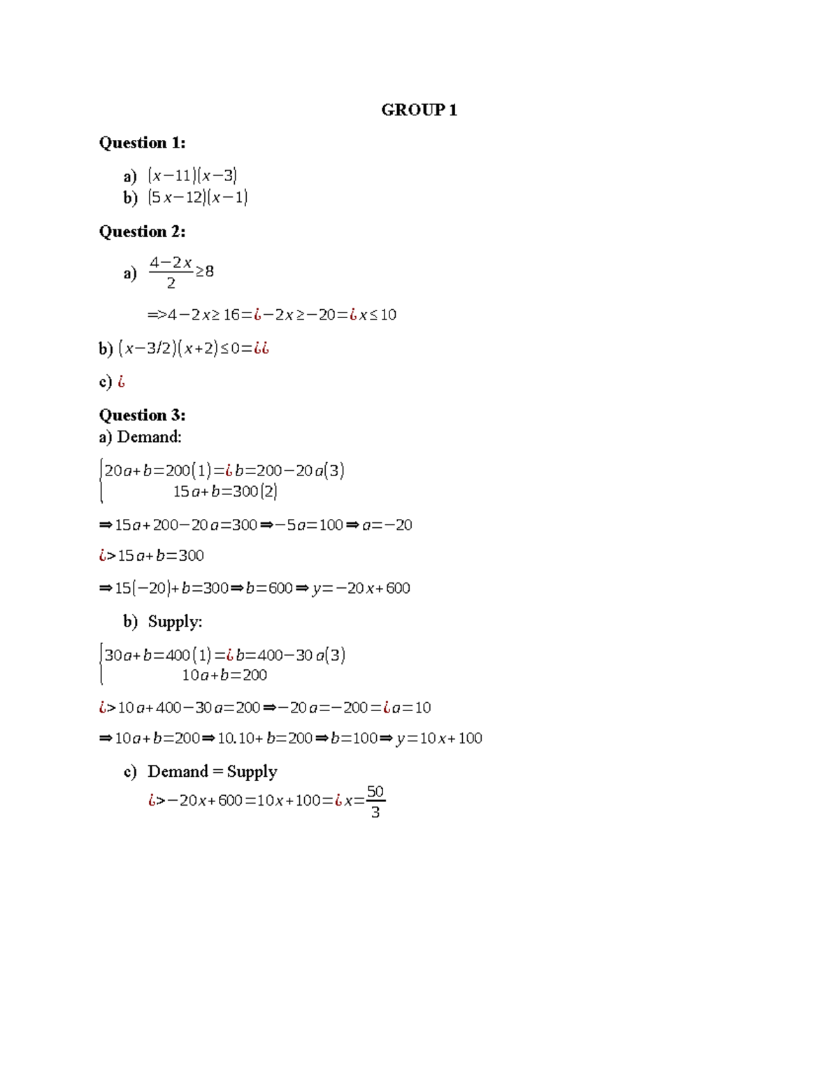 Group 1 - Toán - GROUP 1 Question 1: a) ( x− 11 ) ( x− 3 ) b) ( 5 x− 12 ...