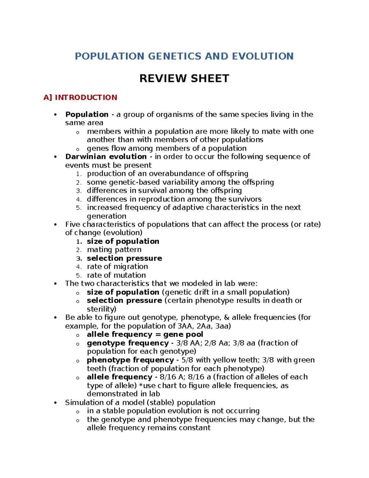 Population Genetics and Evolution Review - POPULATION GENETICS AND ...