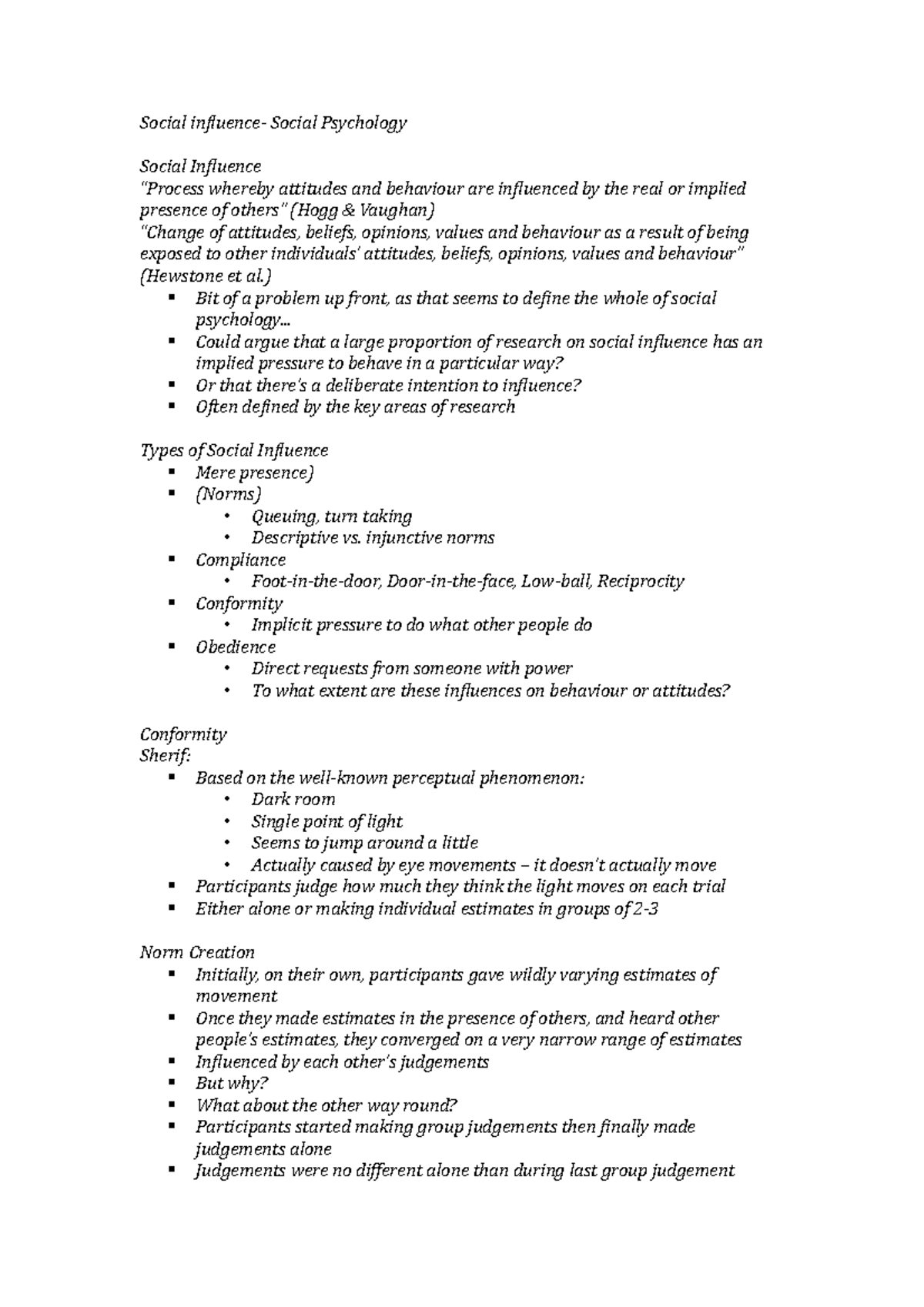 Social psychology notes on social influence - Social influence- Social ...