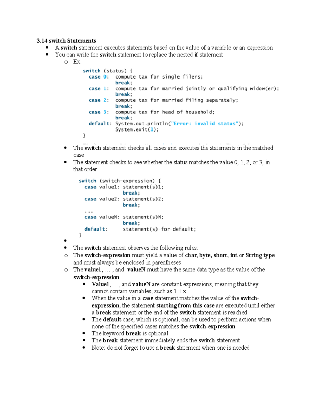 Java 3.14 to 3 - 3 switch Statements A switch statement executes ...