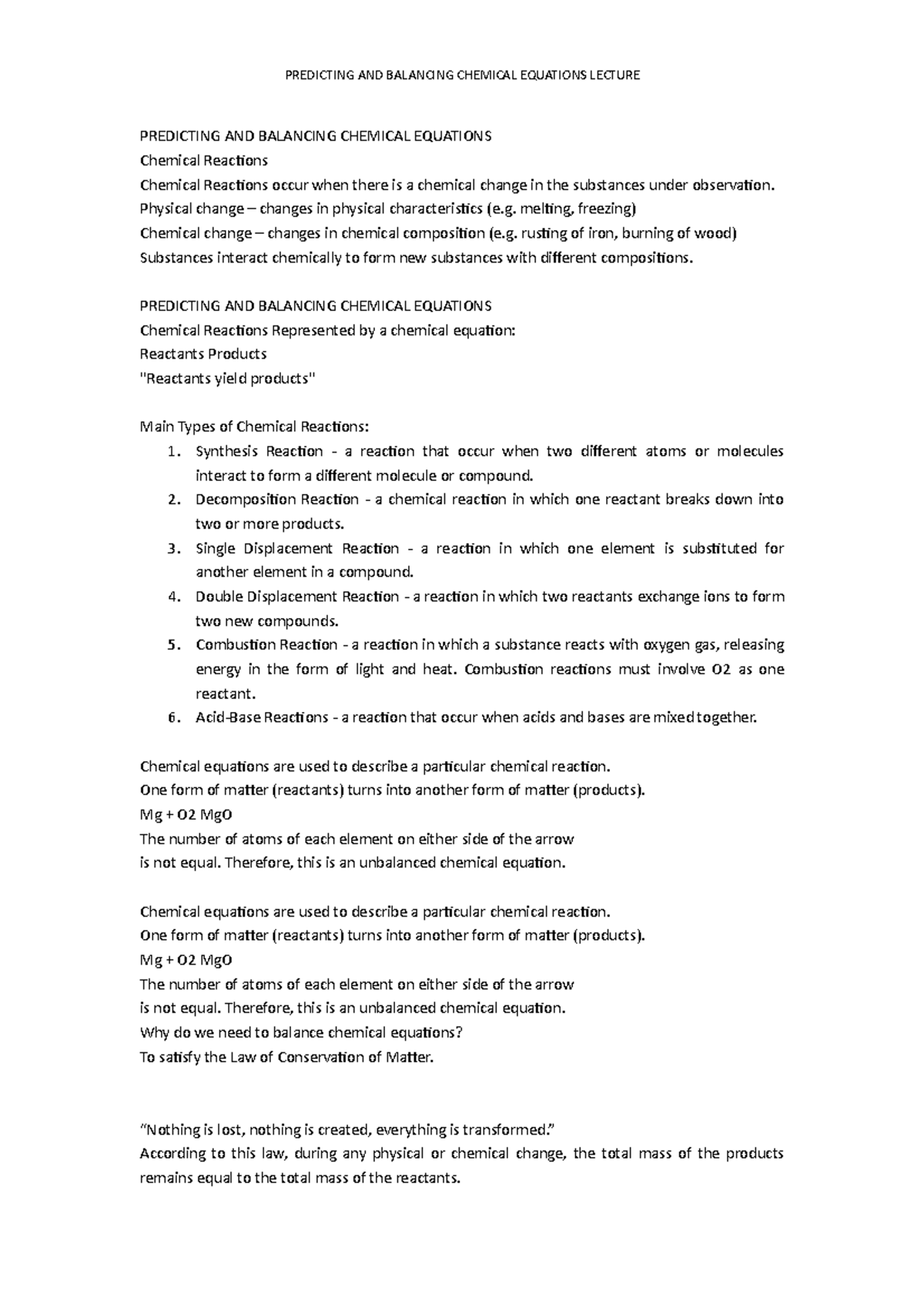 Predicting AND Balancing Chemical Equations Lecture - PREDICTING AND ...