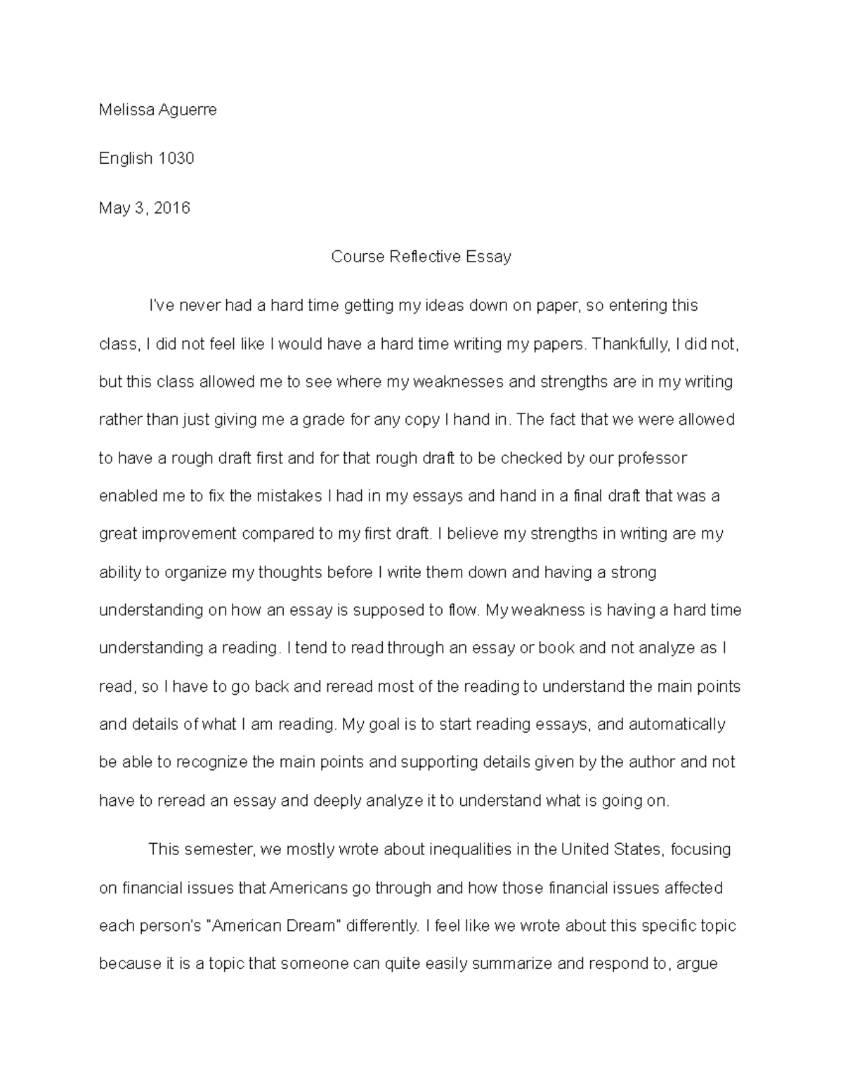 Melissa Aguerre course reflective essay - Melissa Aguerre English 1030 ...
