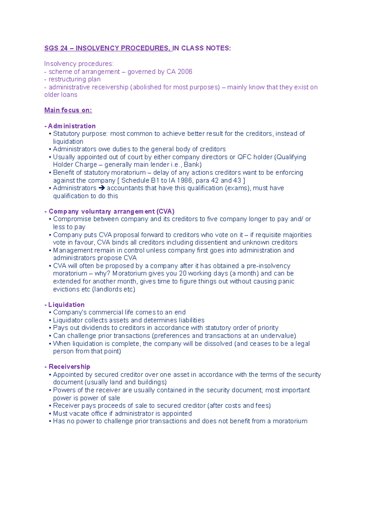 Notes SGS 24 + 25 - Insolvency procedures etc - SGS 24 – INSOLVENCY ...