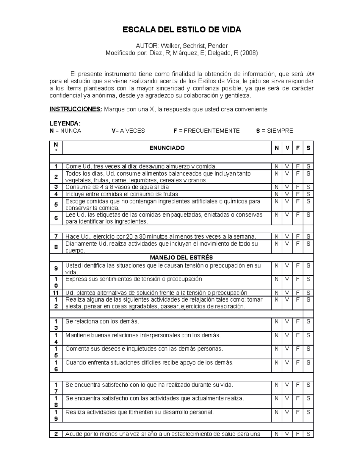 Estilo de Vida Saludable - ESCALA DEL ESTILO DE VIDA AUTOR: Walker ...