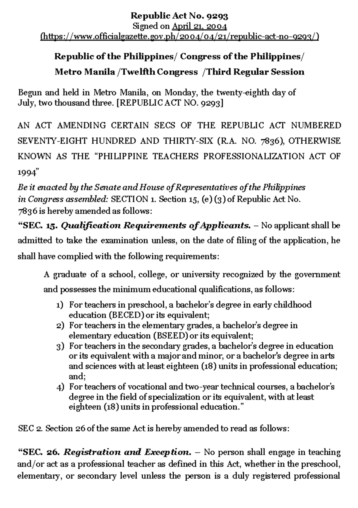 RA9293 - Republic Act No. 9293, also known as "An Act Amending Certain ...