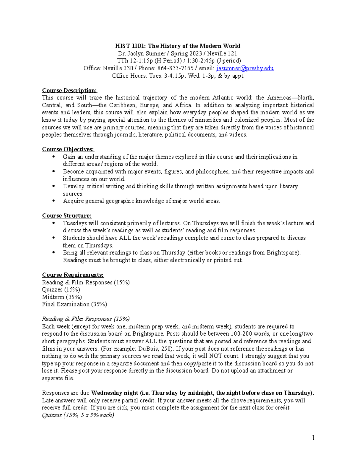 Syllabus Modern World S23 - HIST 1101: The History of the Modern World ...