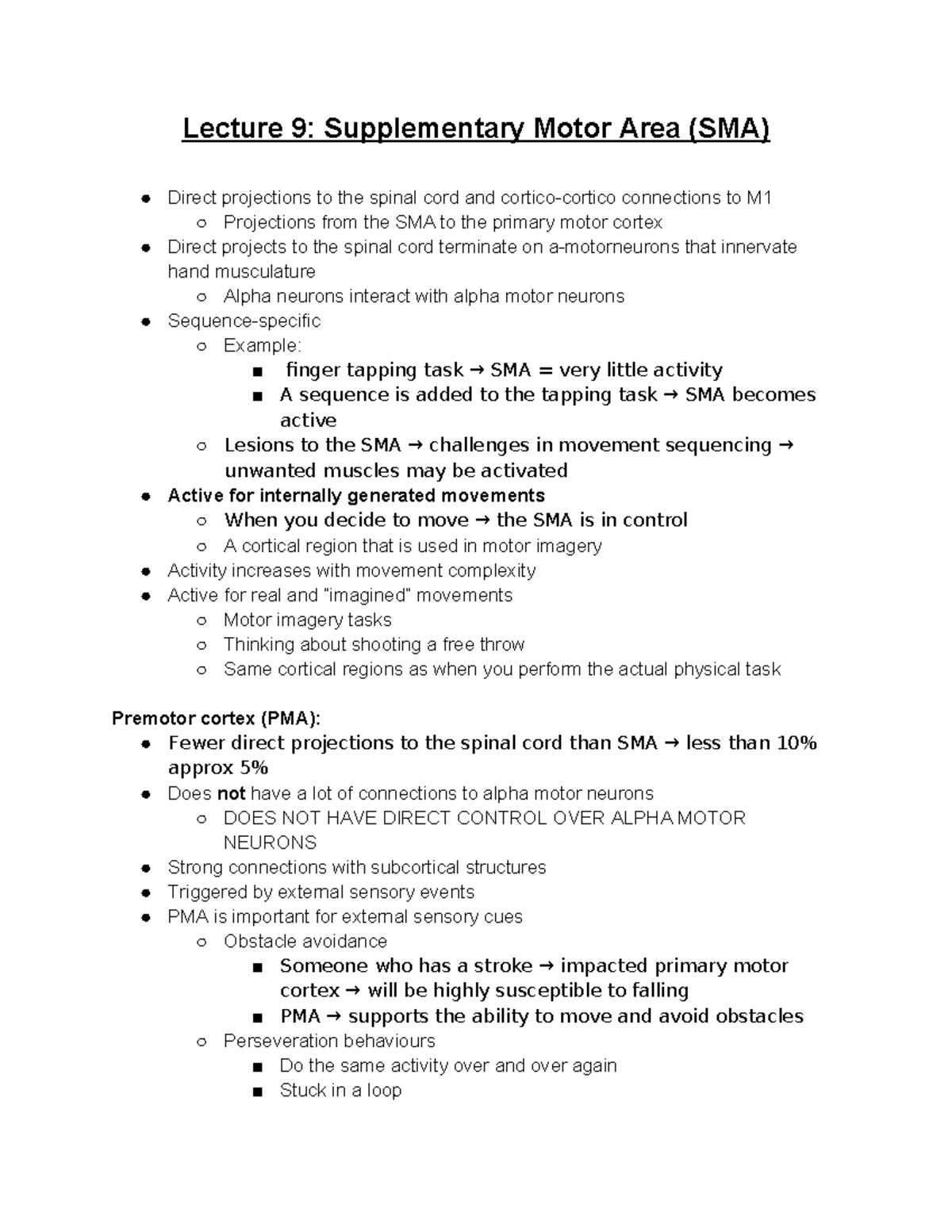 Lecture 9 10 Supplementary motor area (SMA) - Lecture 9: Supplementary ...