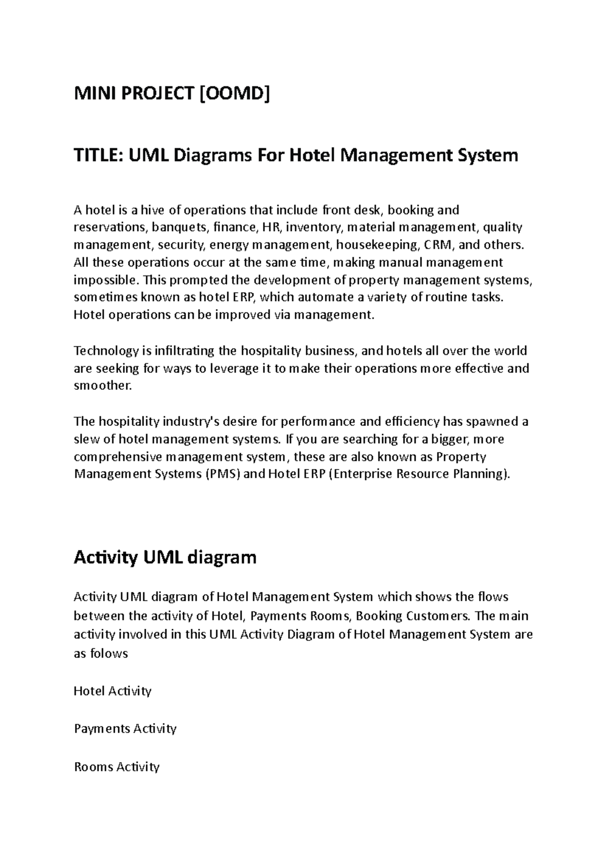OOMD MINI Project - MINI PROJECT [OOMD] TITLE: UML Diagrams For Hotel ...