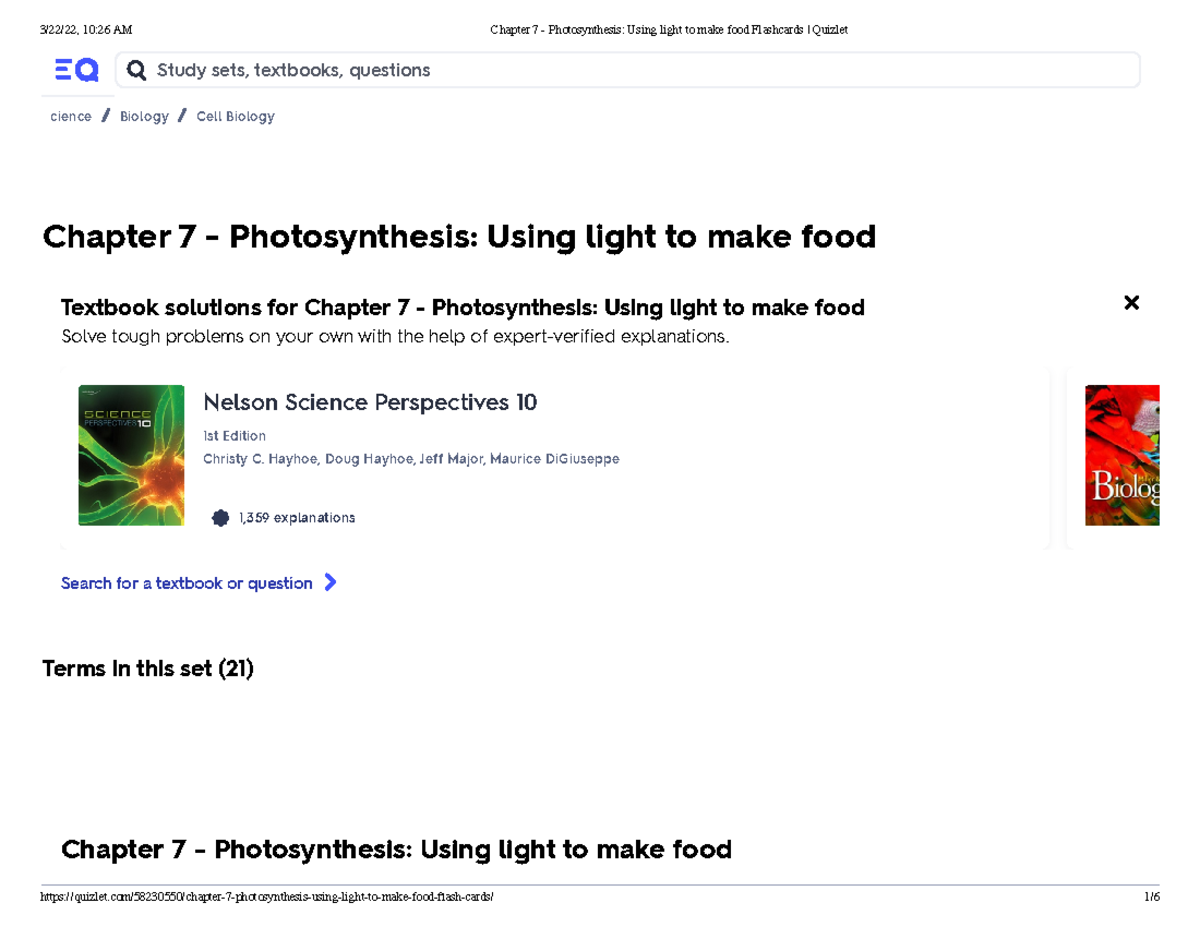Chapter 7 - Photosynthesis Using light to make food Flashcards Quizlet ...
