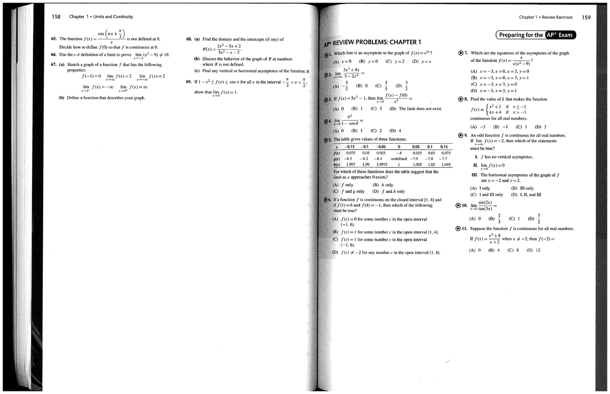 Limits & Continuity Unit Review pg. 1 - 158 Chapter 1 Limits and ...