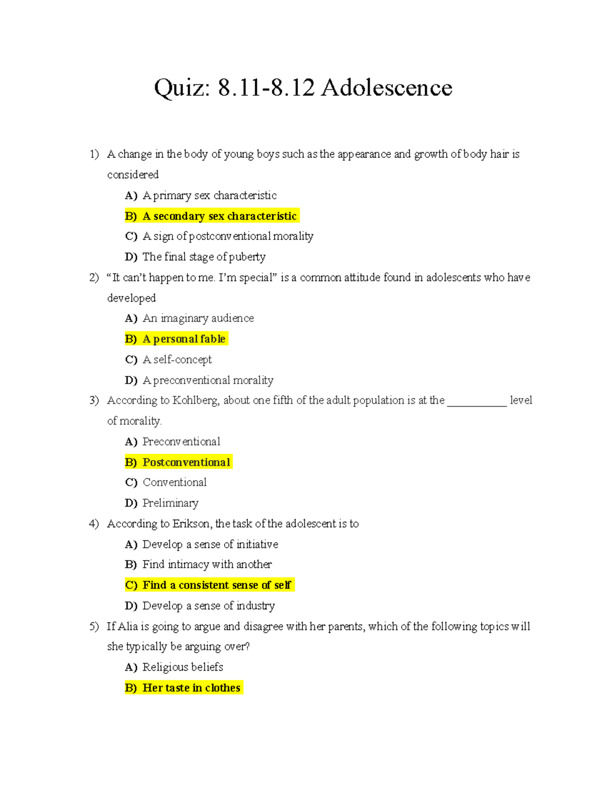 Quiz 8.11-8.12 Adolescence - Quiz: 8.11-8 Adolescence A change in the ...