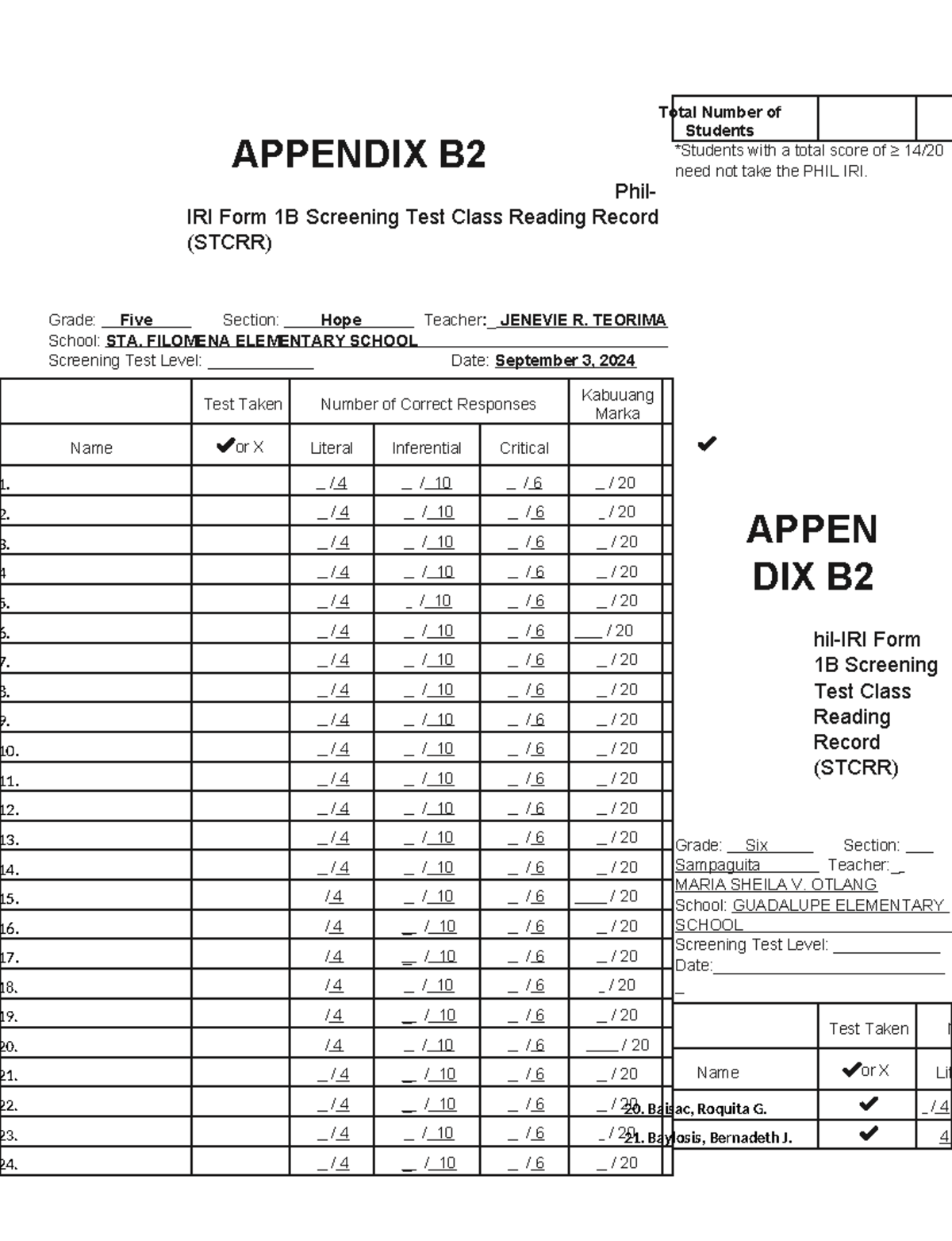 GST Result PER Adviser - NOTES - APPENDIX B Phil- IRI Form 1B Screening ...