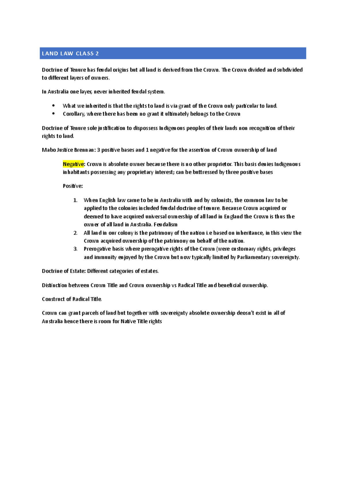 Land lAW class 2 - LAND LAW CLASS 2 Doctrine of Tenure has feudal ...