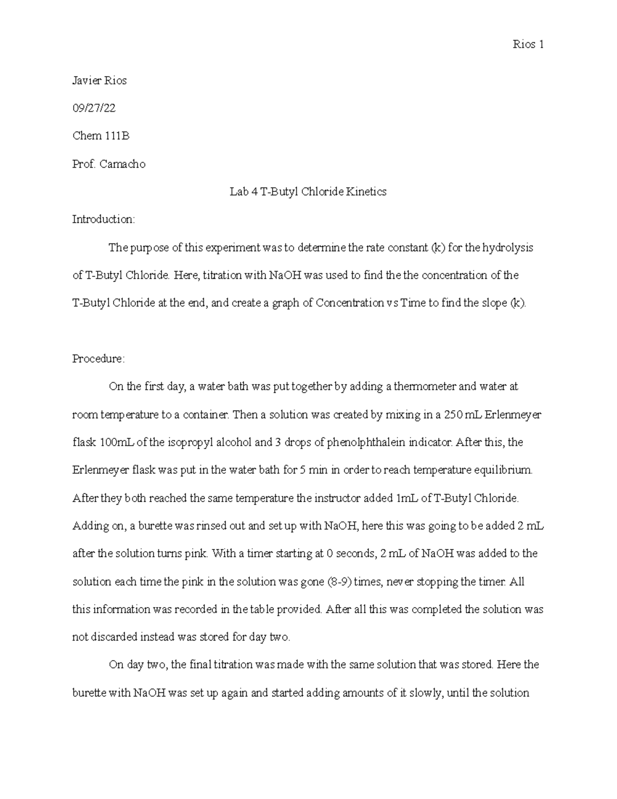 Lab 3 - Lab 3 - Javier Rios 09/27/ Chem 111B Prof. Camacho Lab 4 T ...