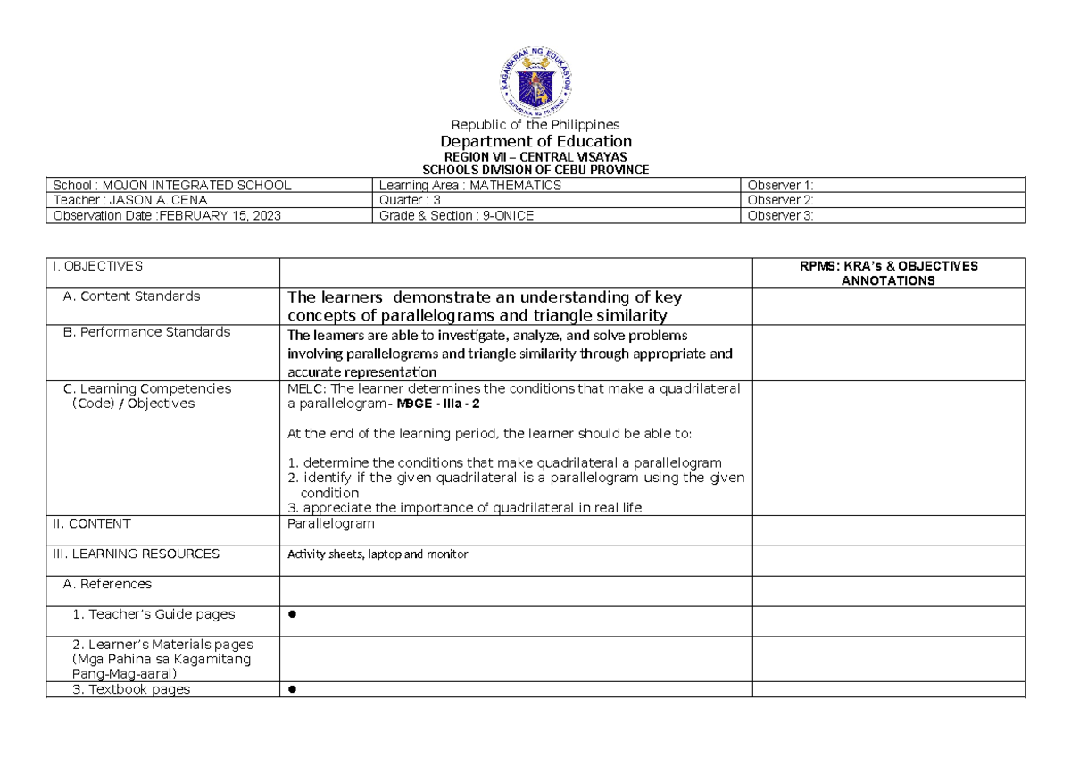 DLP MATH 9 Q3 WEEK 1 - NONE - Republic of the Philippines Department of ...