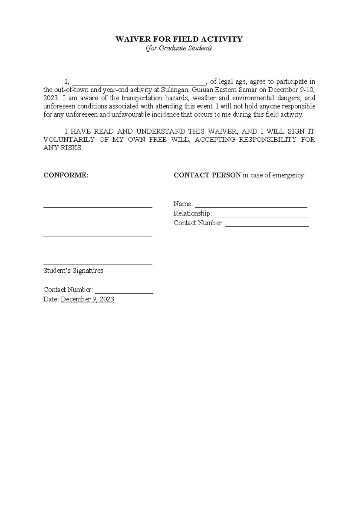 Waiver-Form - None. - WAIVER FOR FIELD ACTIVITY (for Graduate Student ...