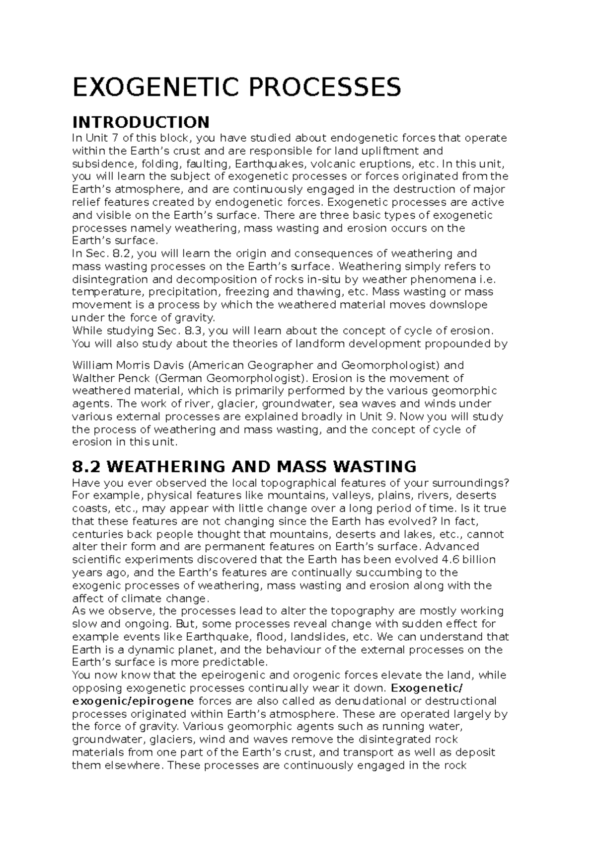 Exogenetic Processes - EXOGENETIC PROCESSES INTRODUCTION In Unit 7 of ...