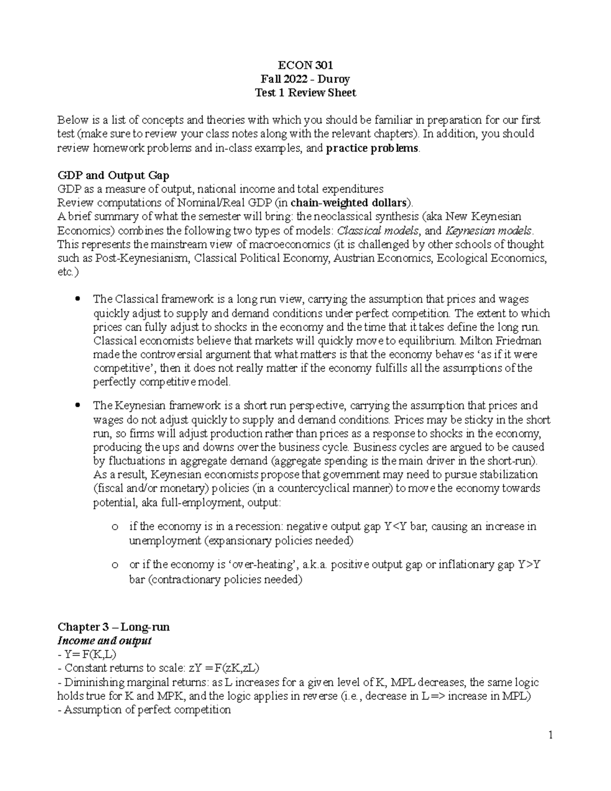Econ 301 Review Sheet Test 1 Econ 301 Fall 2022 Duroy Test 1 Review