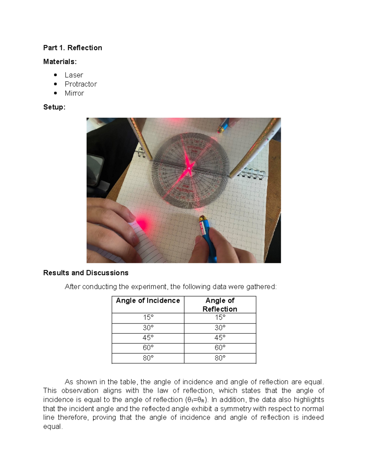 Part 1 - Info - Part 1. Reflection Materials: Laser Protractor Mirror ...
